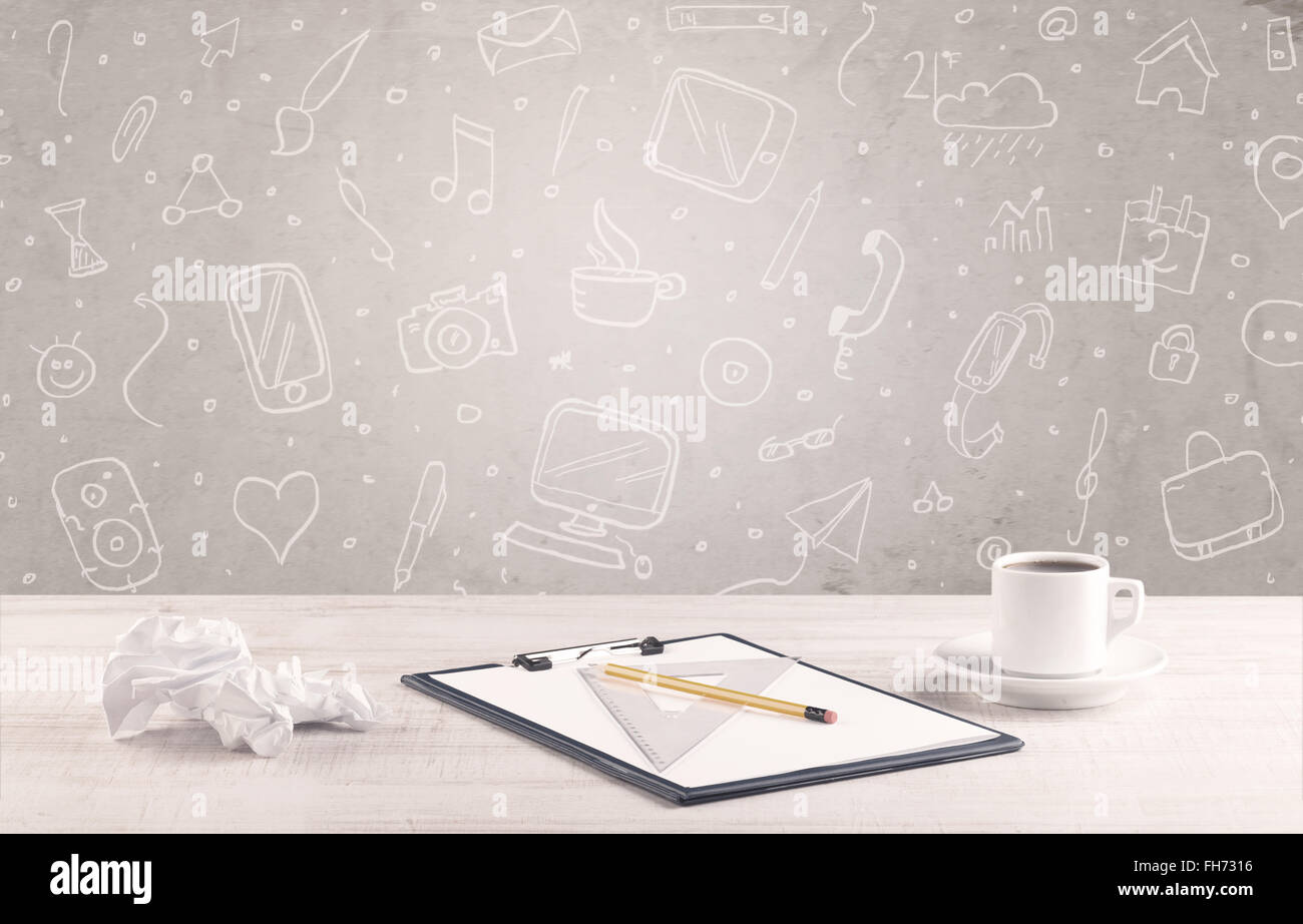 Design office desk with drawings background Stock Photo - Alamy