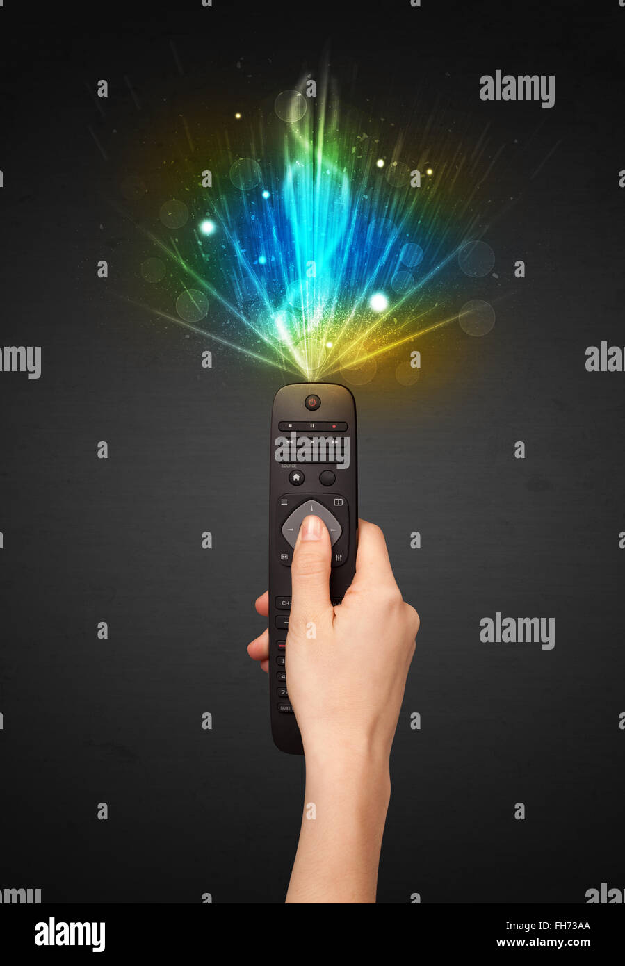 Hand with remote control and explosive signal Stock Photo - Alamy