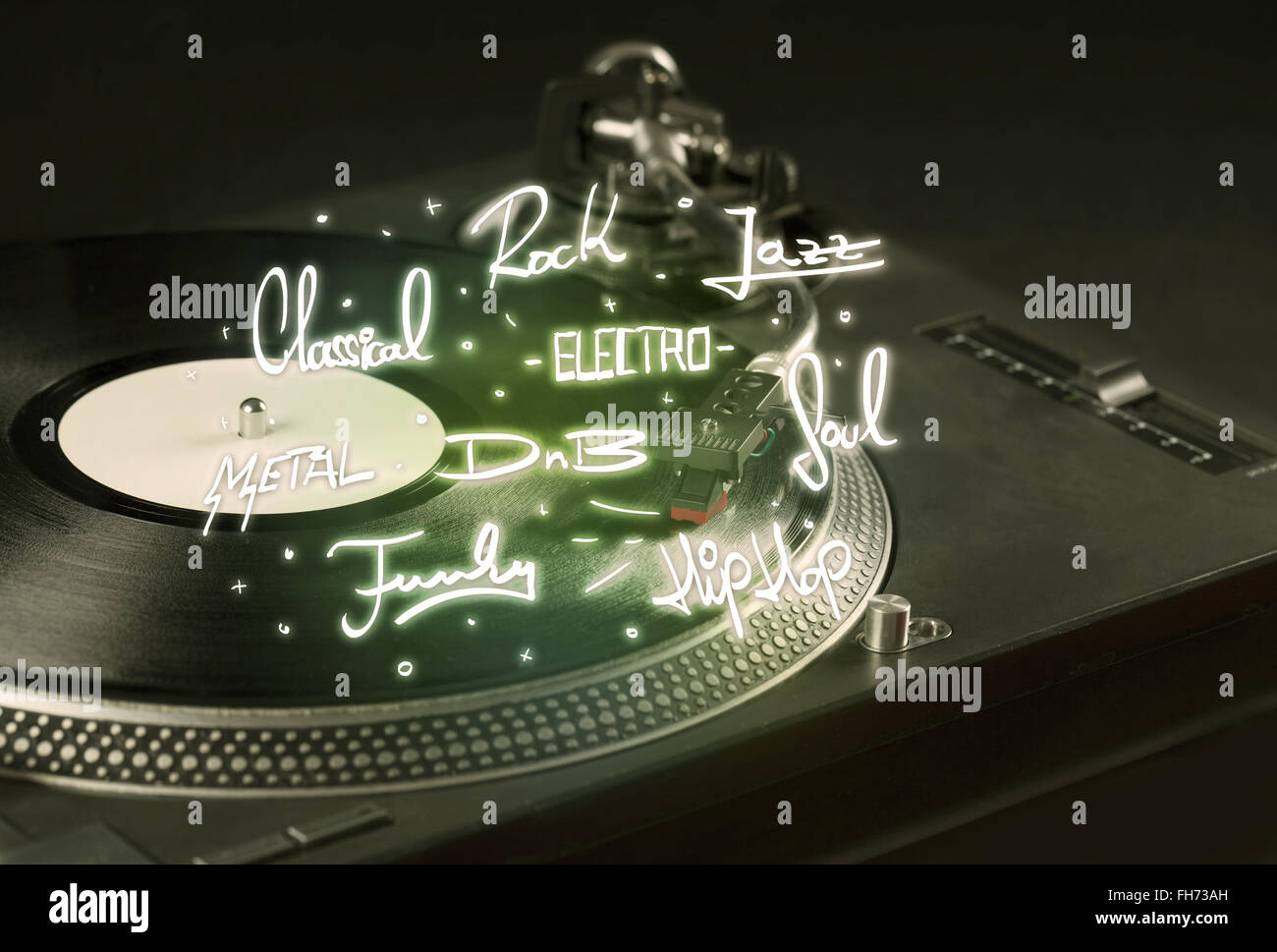 Turntable with vinyl and music genres writen Stock Photo - Alamy