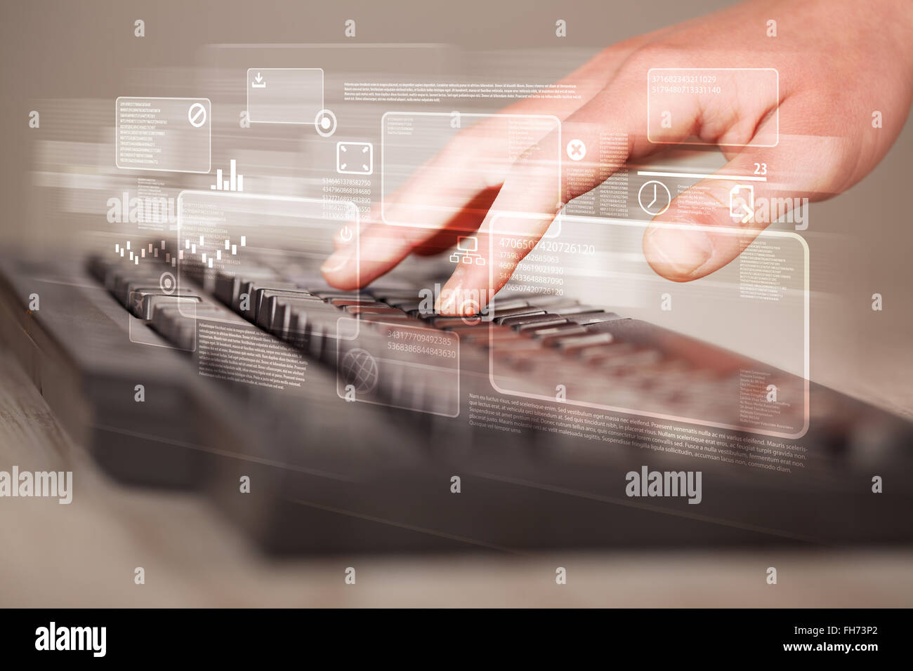 Hand touching keyboard with high tech buttons Stock Photo - Alamy