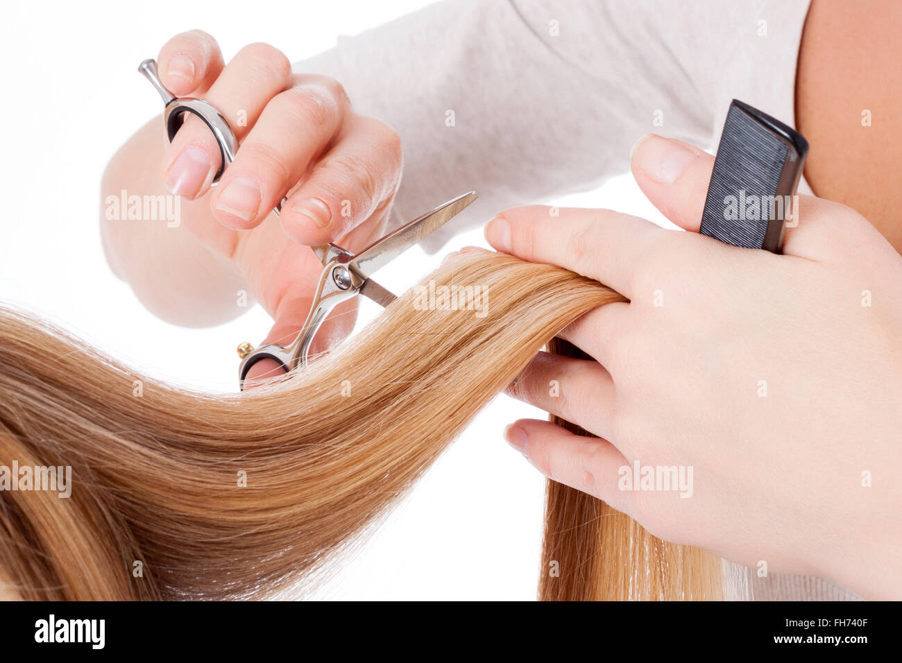 Hairdresser cutting long blond hair with metal sharp scissors ...