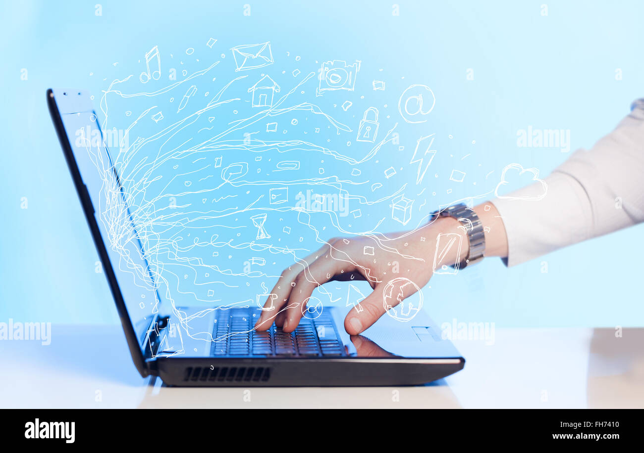 Man pressing notebook laptop computer with doodle icon cloud symbols ...