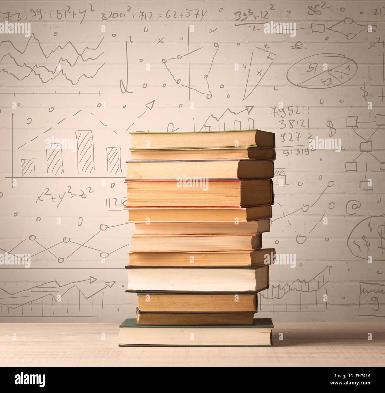 A pile of books with math formulas written in doodle style Stock Photo ...