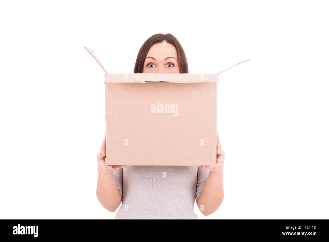 A young beautiful caucasian woman holding a box in her hands Stock ...