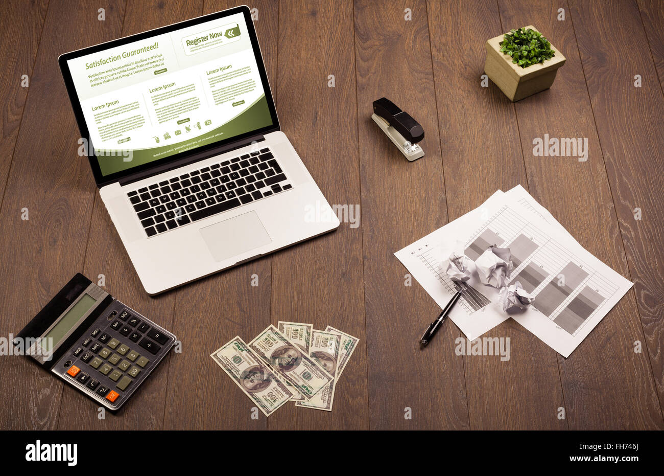 Business table with notebook computer and office accessories Stock ...