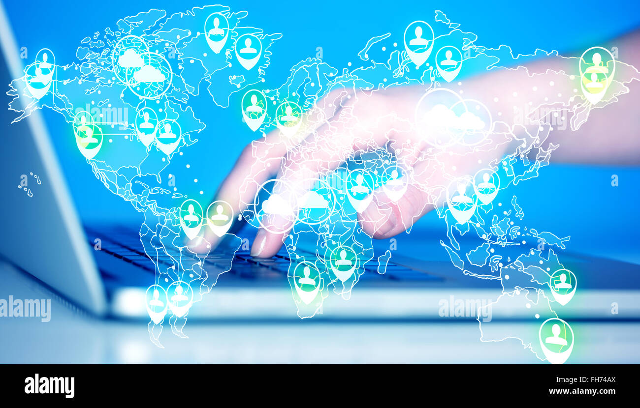 Keyboard with high tech user map icons Stock Photo - Alamy