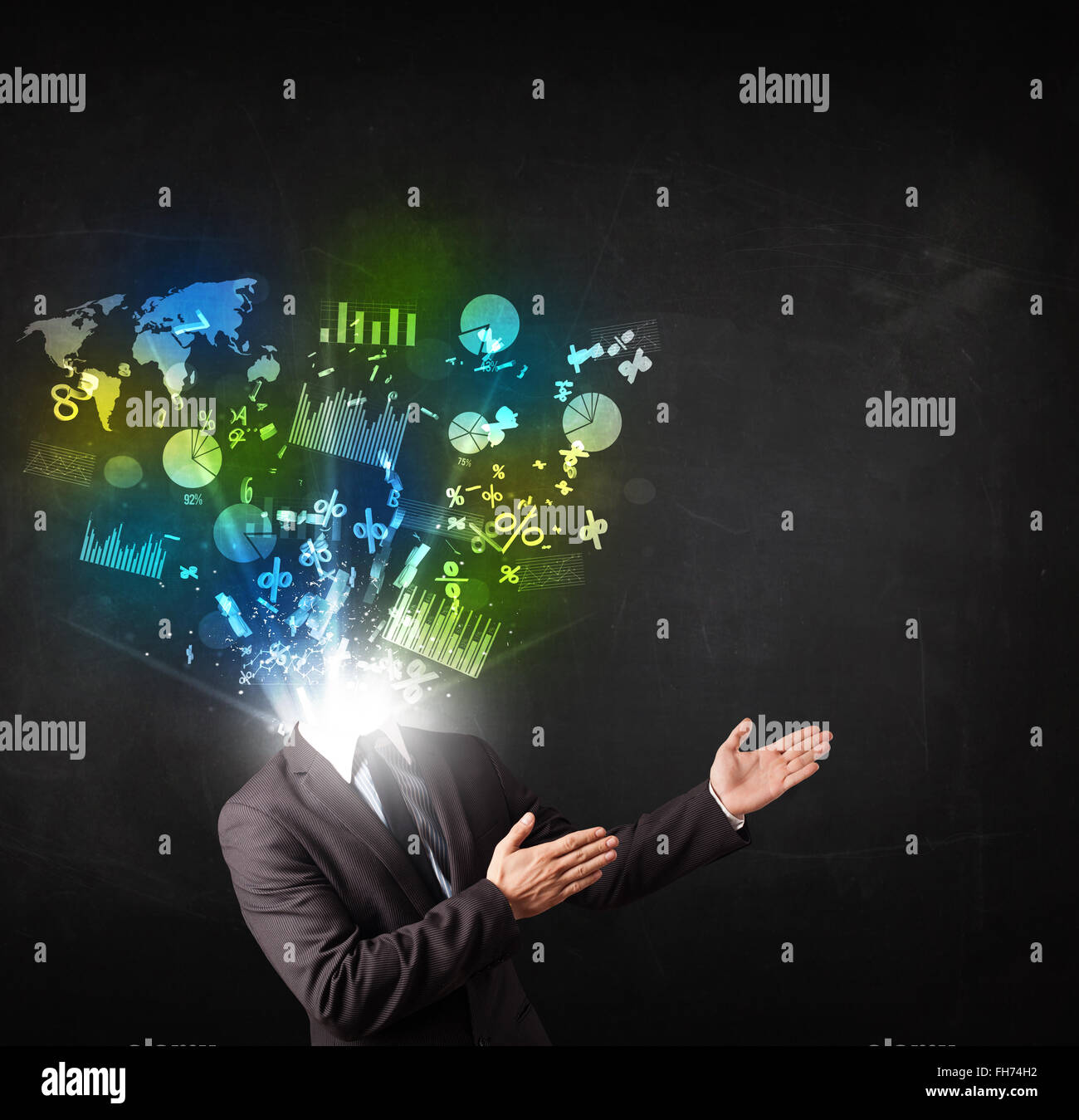 Business man in suit with graph and charts exploding from his body ...