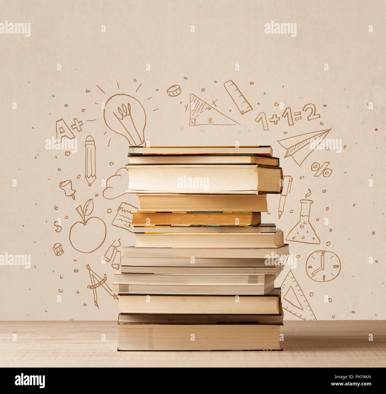 A pile of books on table with school hand drawn doodle sketches Stock ...