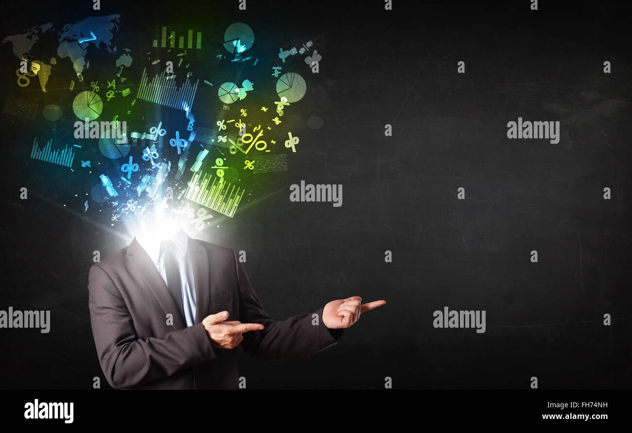 Business man in suit with graph and charts exploding from his body ...