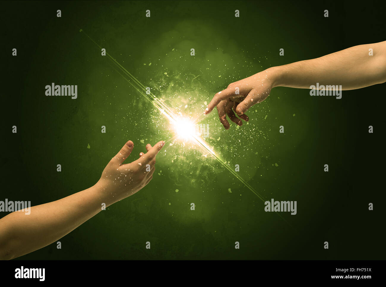 Touching arms lighting spark at fingertip Stock Photo - Alamy