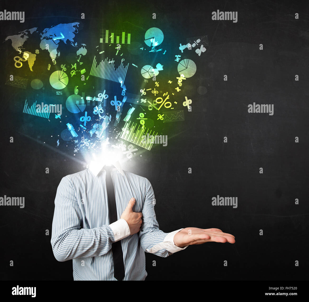Business man in suit with graph and charts exploding from his body ...