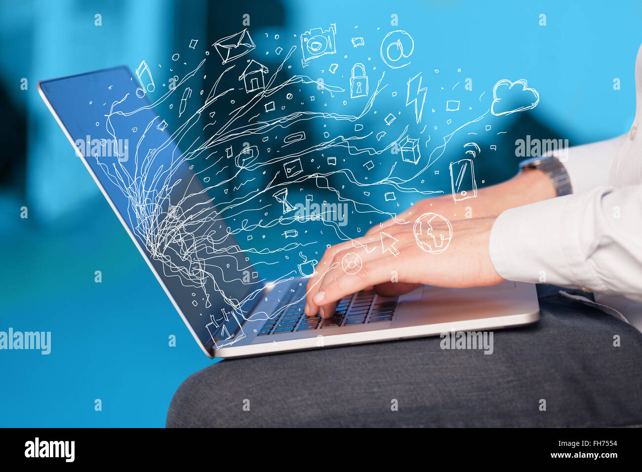 Man pressing notebook laptop computer with doodle icon cloud symbols ...