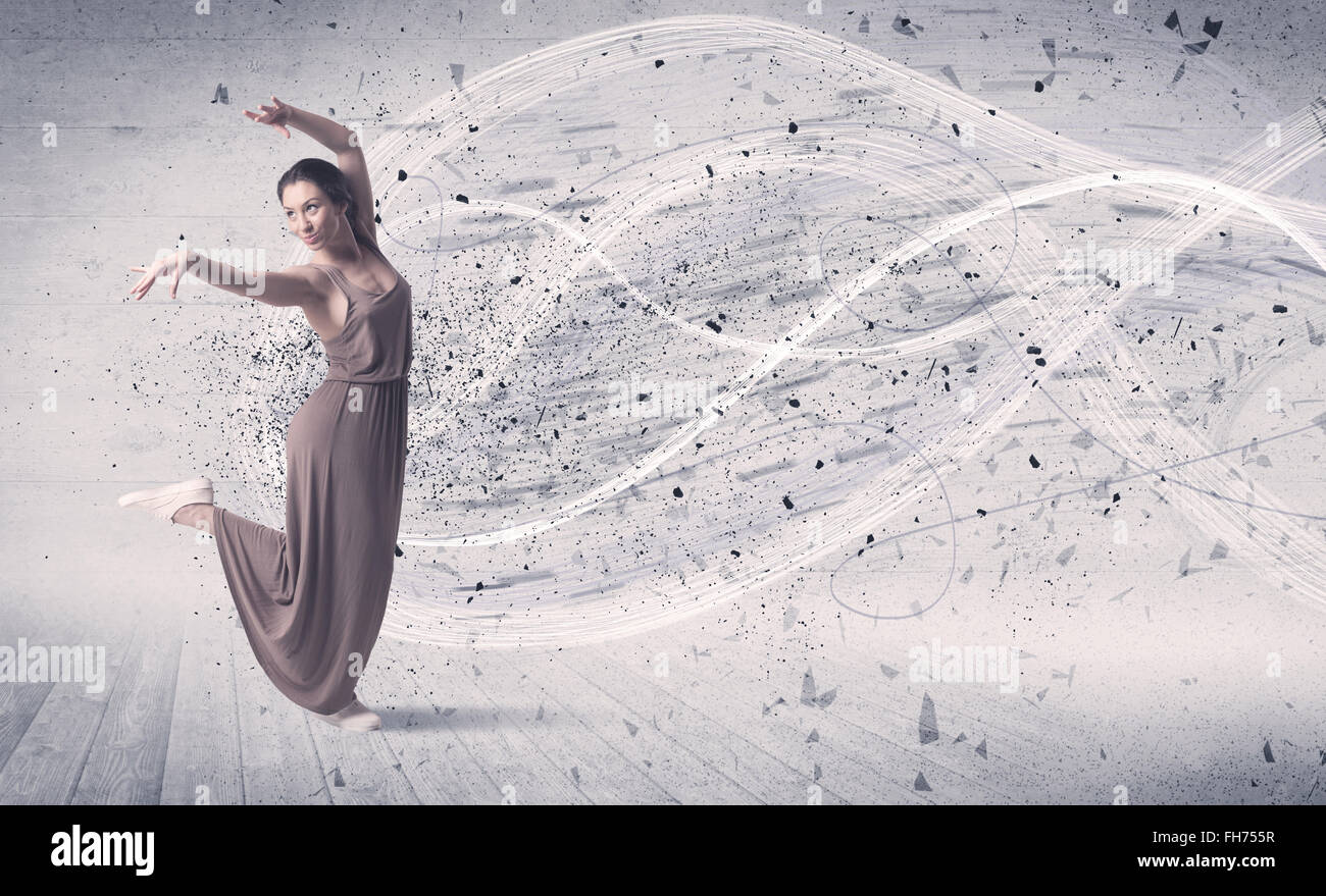 Performance ballet dancer jumping with energy explosion particles Stock ...