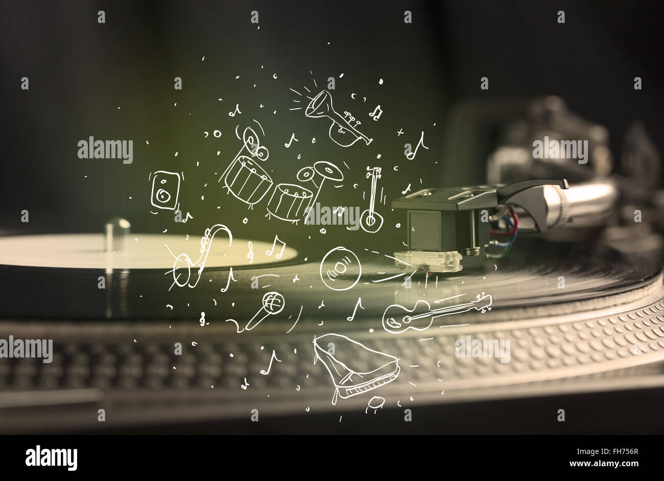 Turntable playing classical music with icon drawn instruments Stock ...