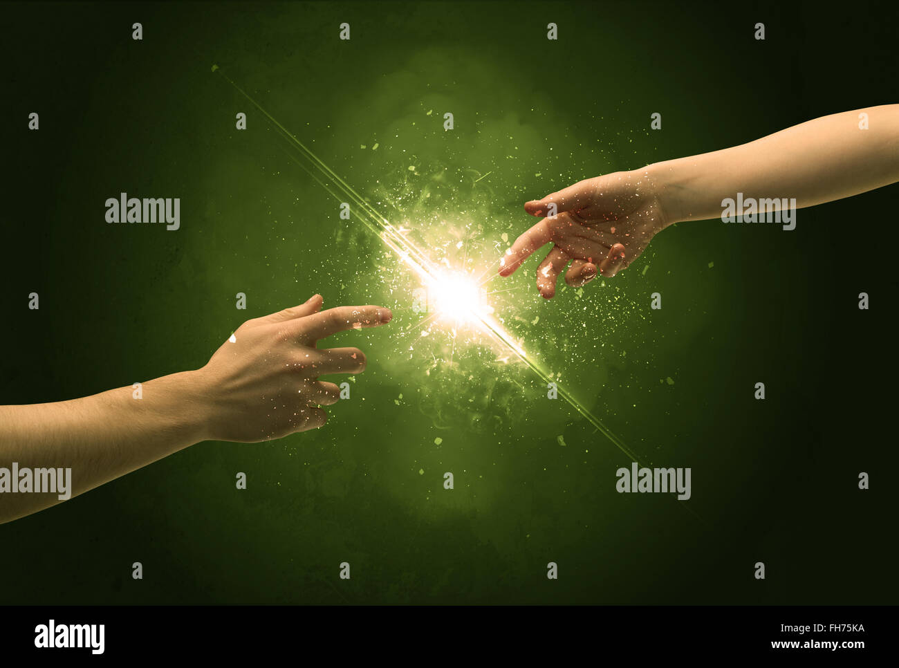 Touching arms lighting spark at fingertip Stock Photo - Alamy
