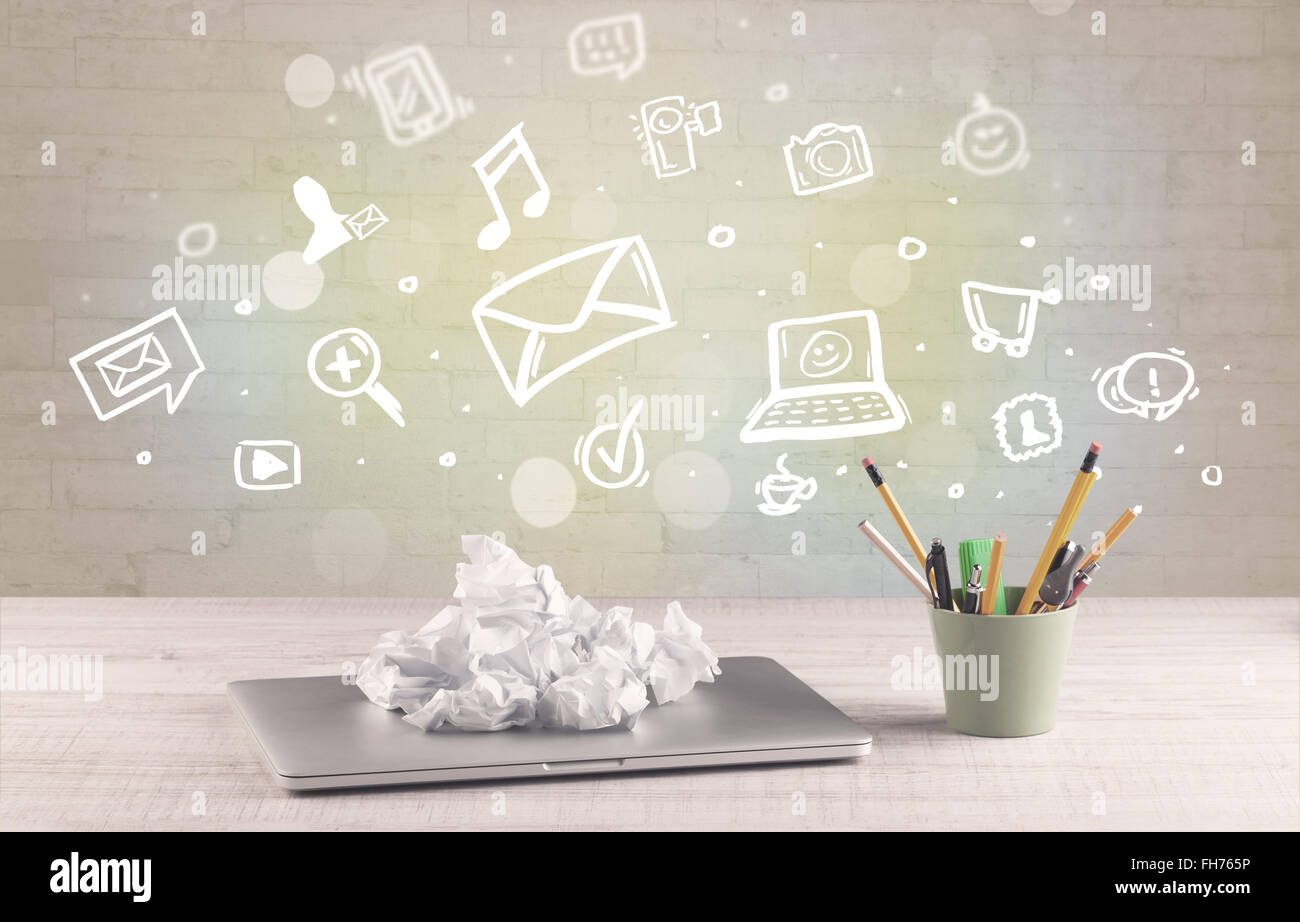 Office desk with communication icons Stock Photo - Alamy