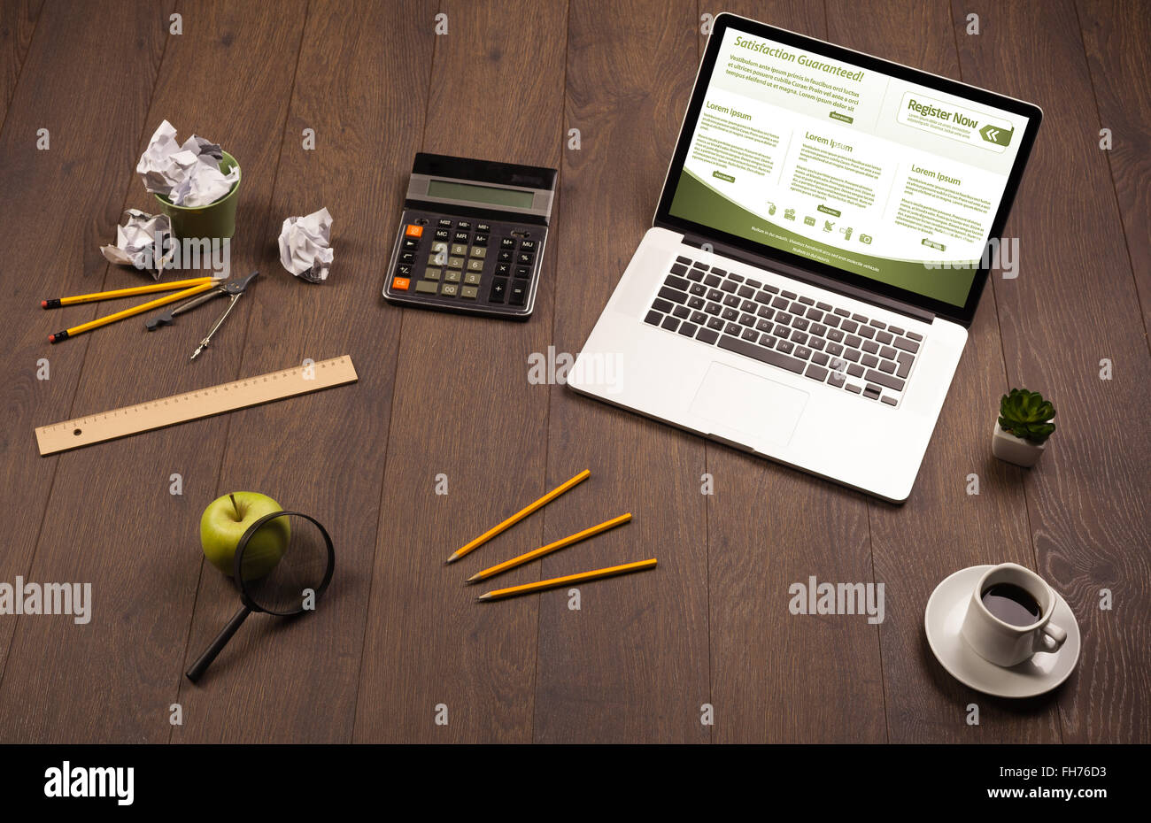 Business table with notebook computer and office accessories Stock ...