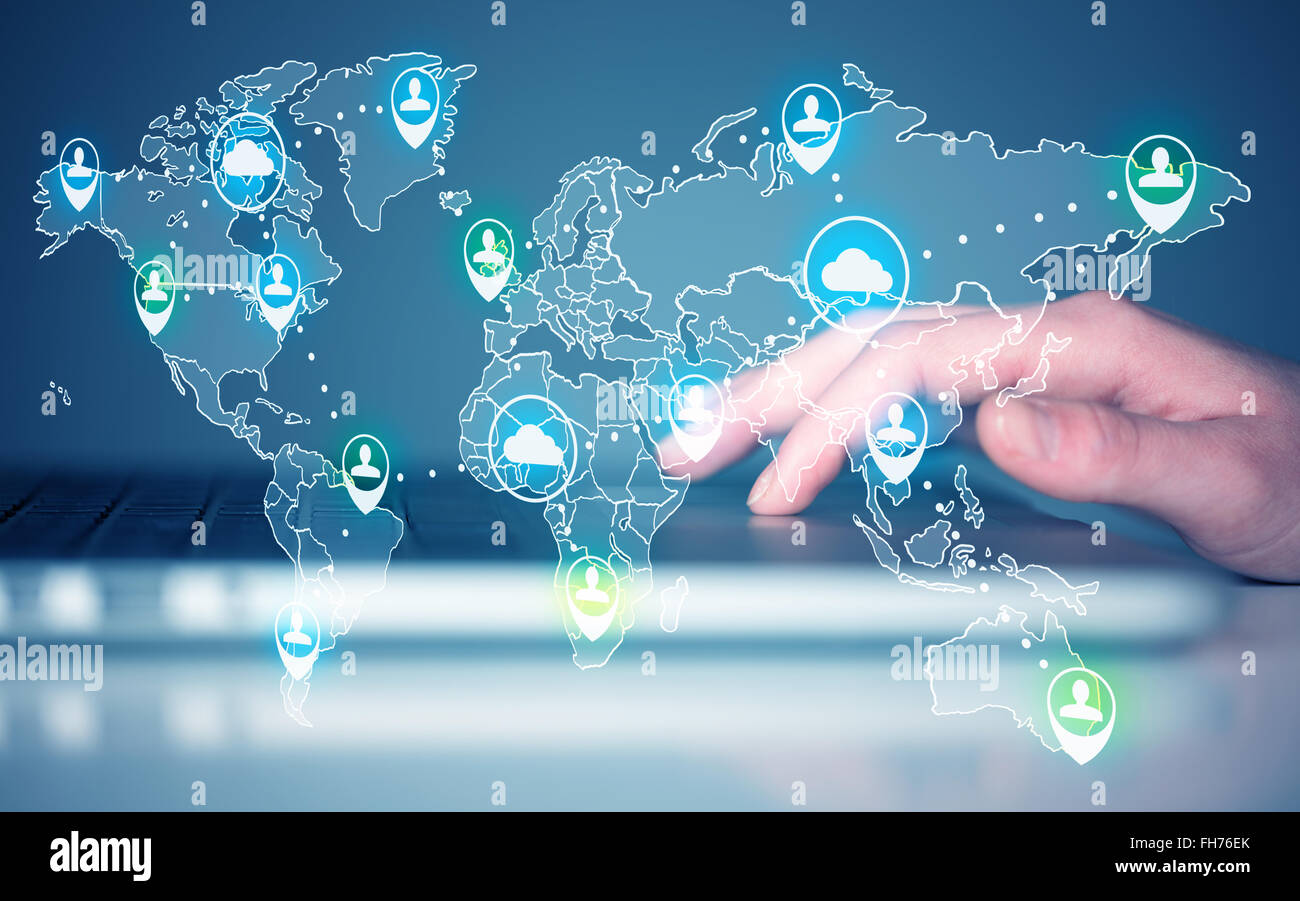 Keyboard with high tech user map icons Stock Photo - Alamy