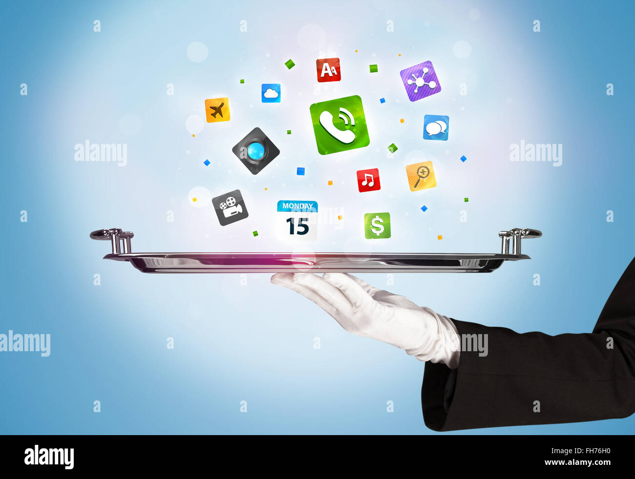 Waiter hand holding tray with icons Stock Photo - Alamy