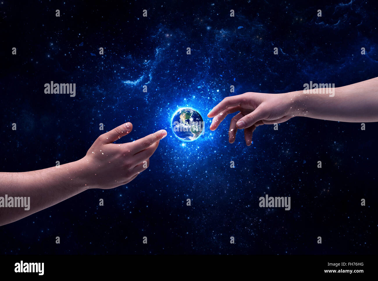 Hands in space touching planet earth Stock Photo - Alamy