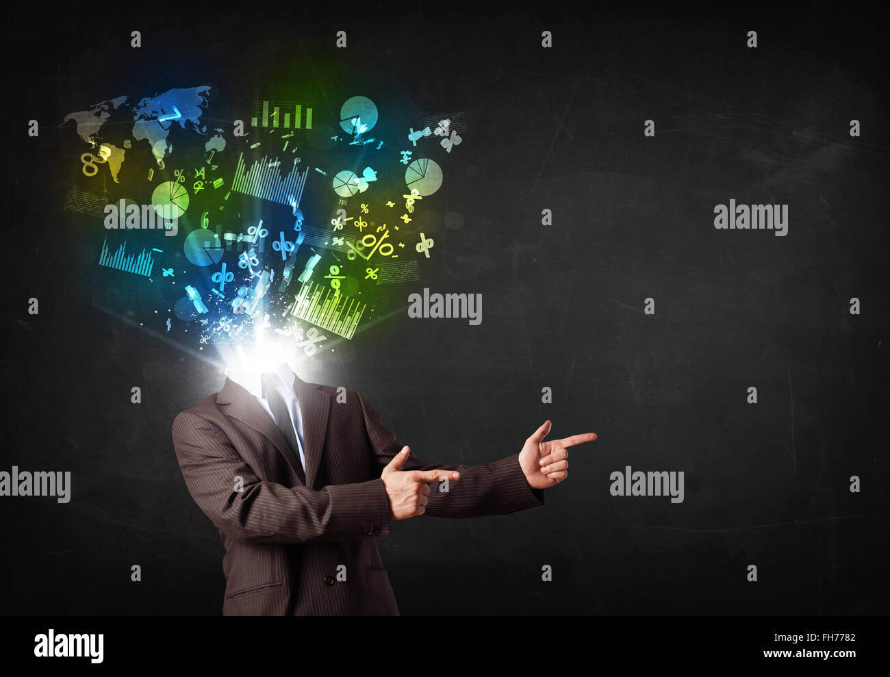 Business man in suit with graph and charts exploding from his body ...