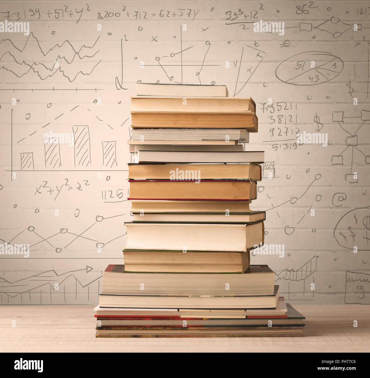 A pile of books with math formulas written in doodle style Stock Photo ...