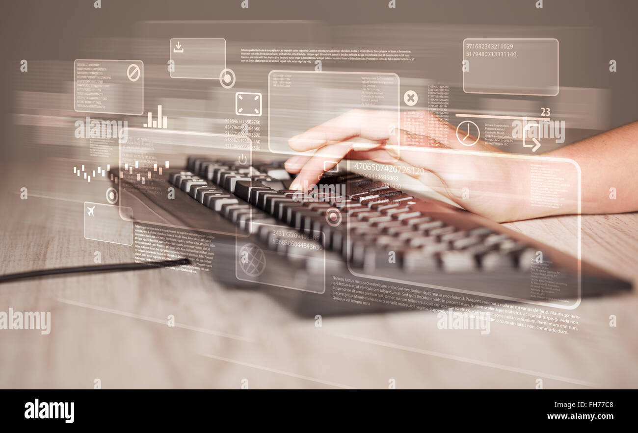 Hand touching keyboard with high tech buttons Stock Photo - Alamy
