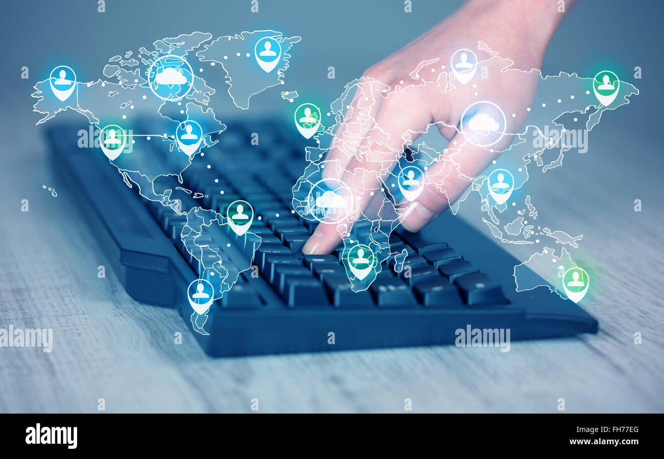 Keyboard with high tech user map icons Stock Photo - Alamy