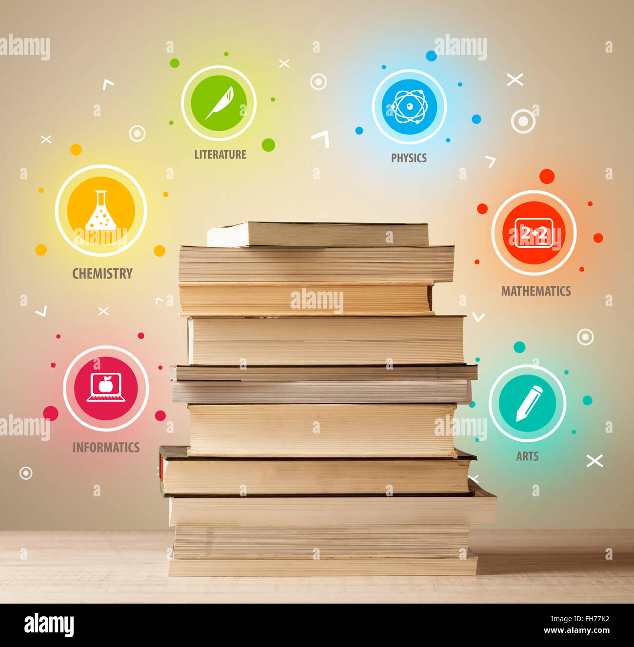Books on top with colorful symbols on vintage background Stock Photo ...