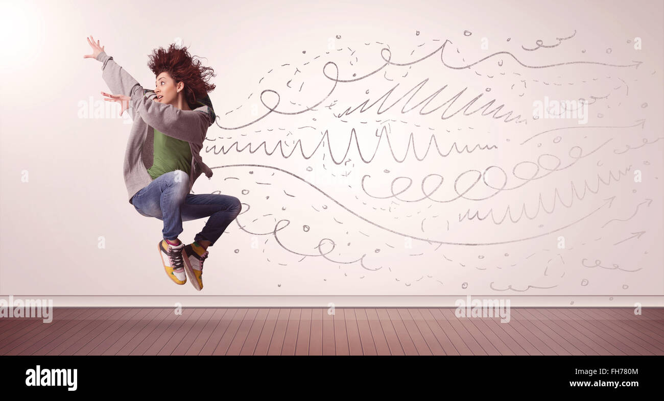 Pretty woman jumping with hand drawn lines and arrows come out Stock ...