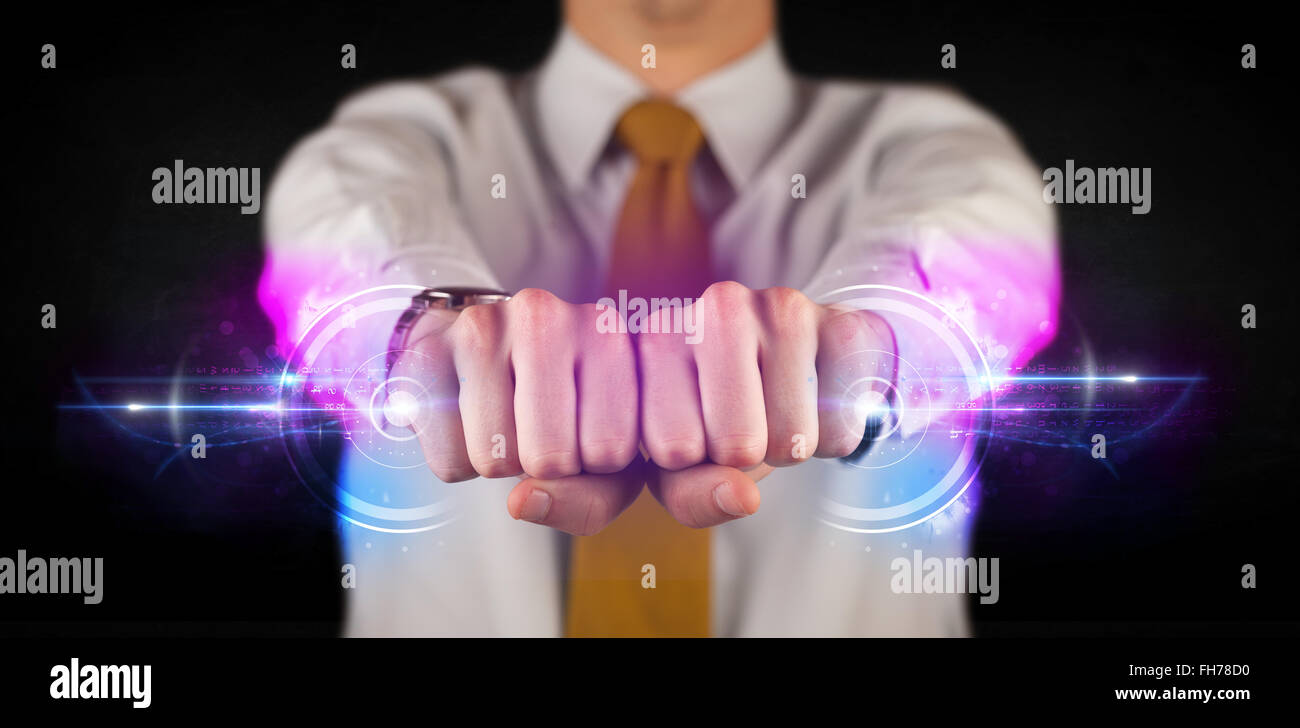 Business man holding future technology data system network Stock Photo ...