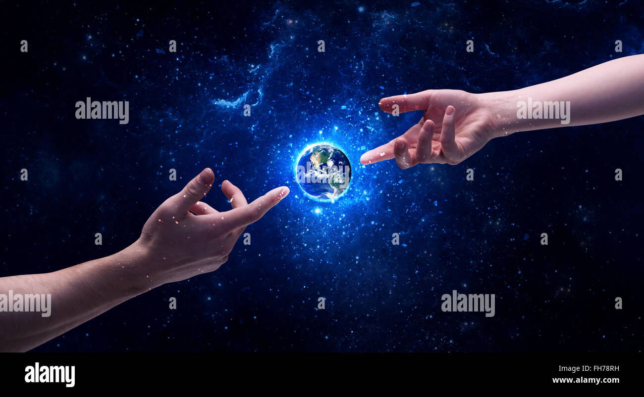 Hands in space touching planet earth Stock Photo - Alamy