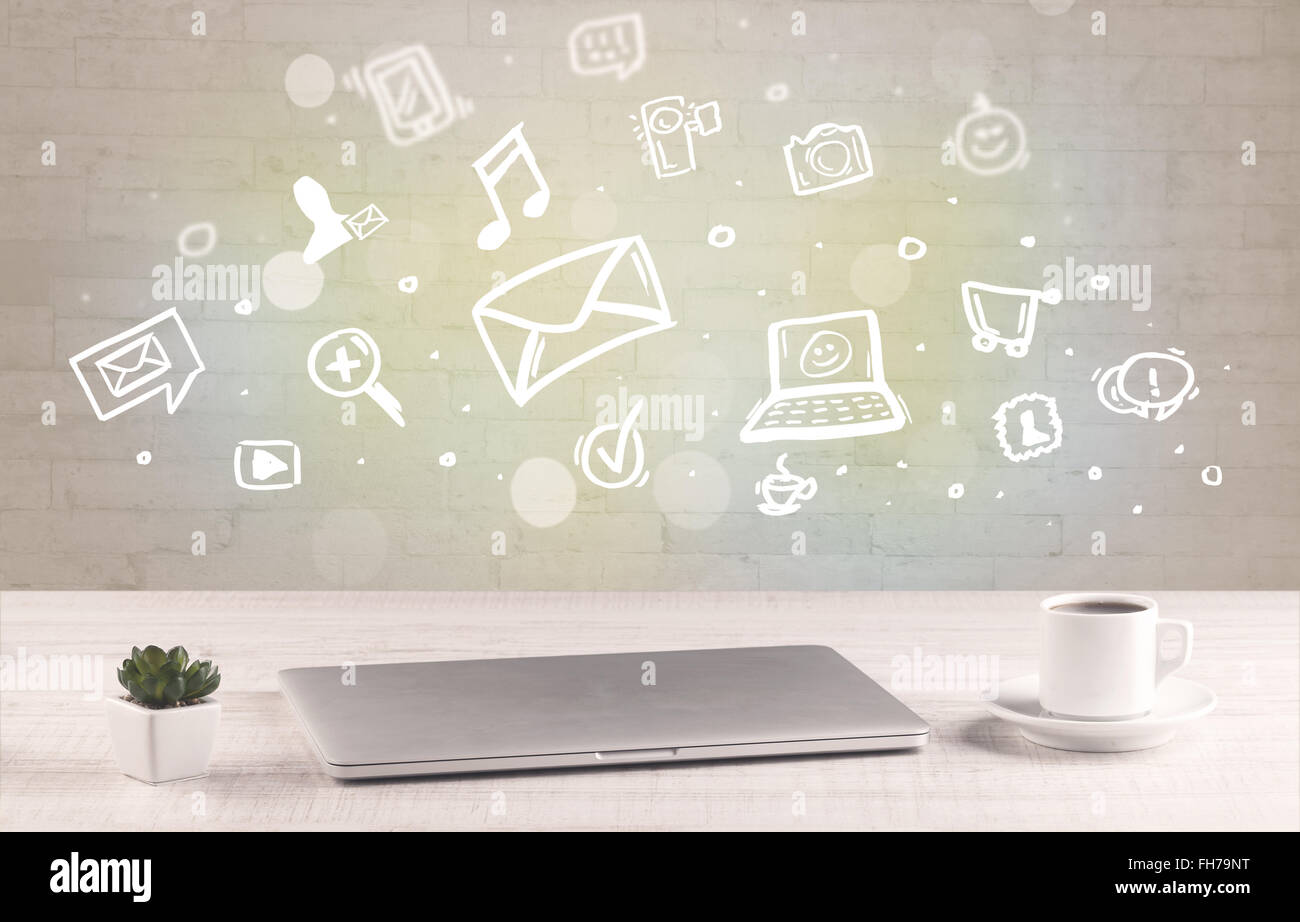 Office desk with communication icons Stock Photo - Alamy
