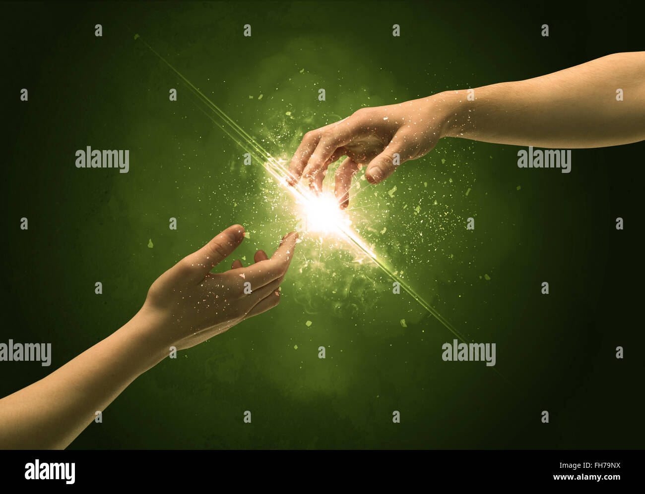 Touching arms lighting spark at fingertip Stock Photo - Alamy