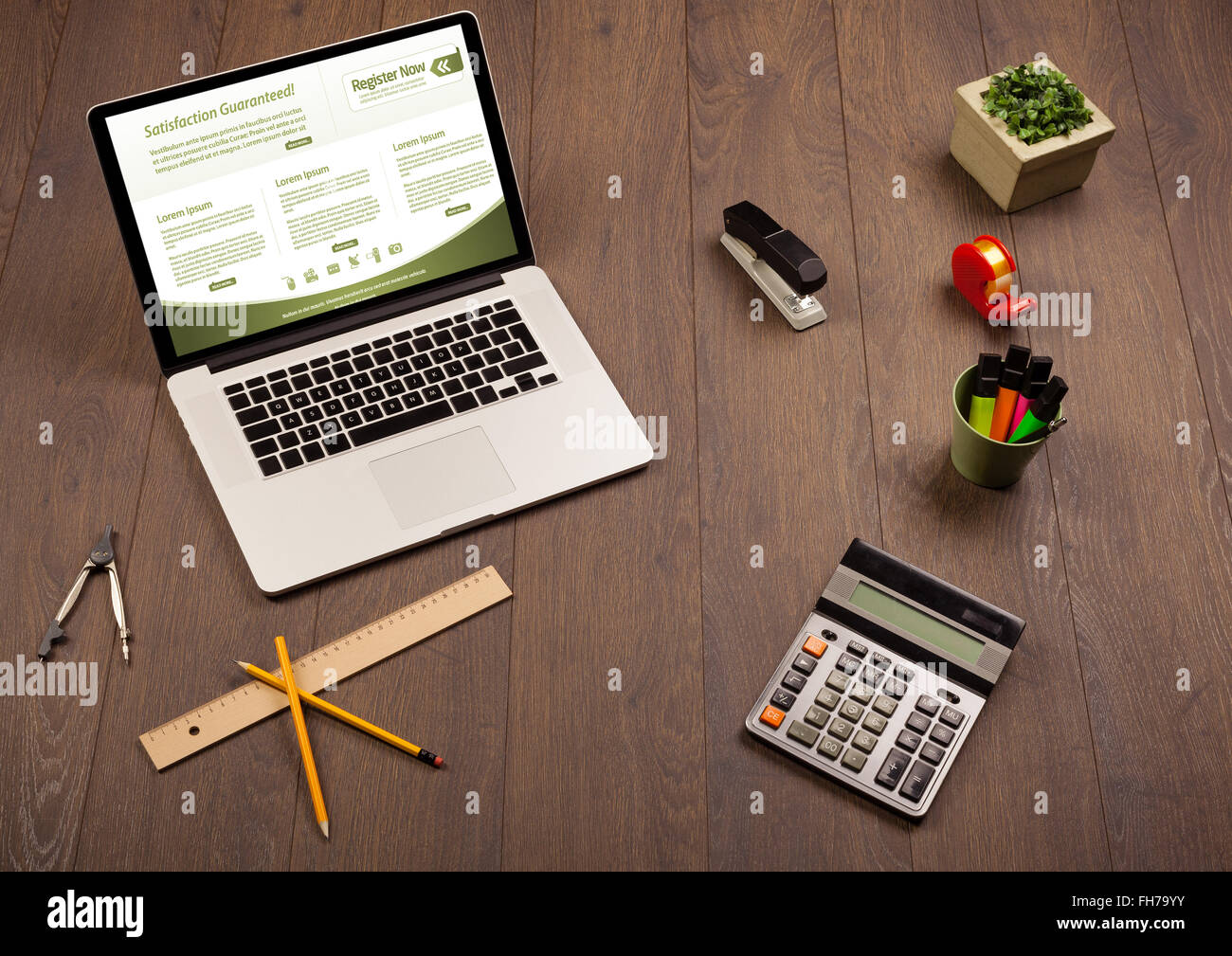 Business table with notebook computer and office accessories Stock ...