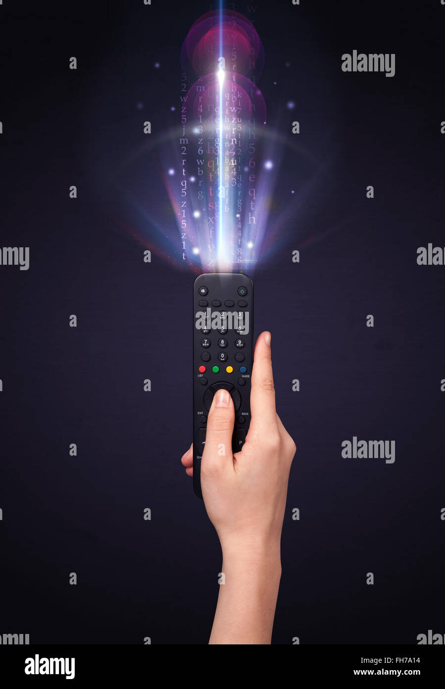 Hand with remote control and shining numbers Stock Photo - Alamy