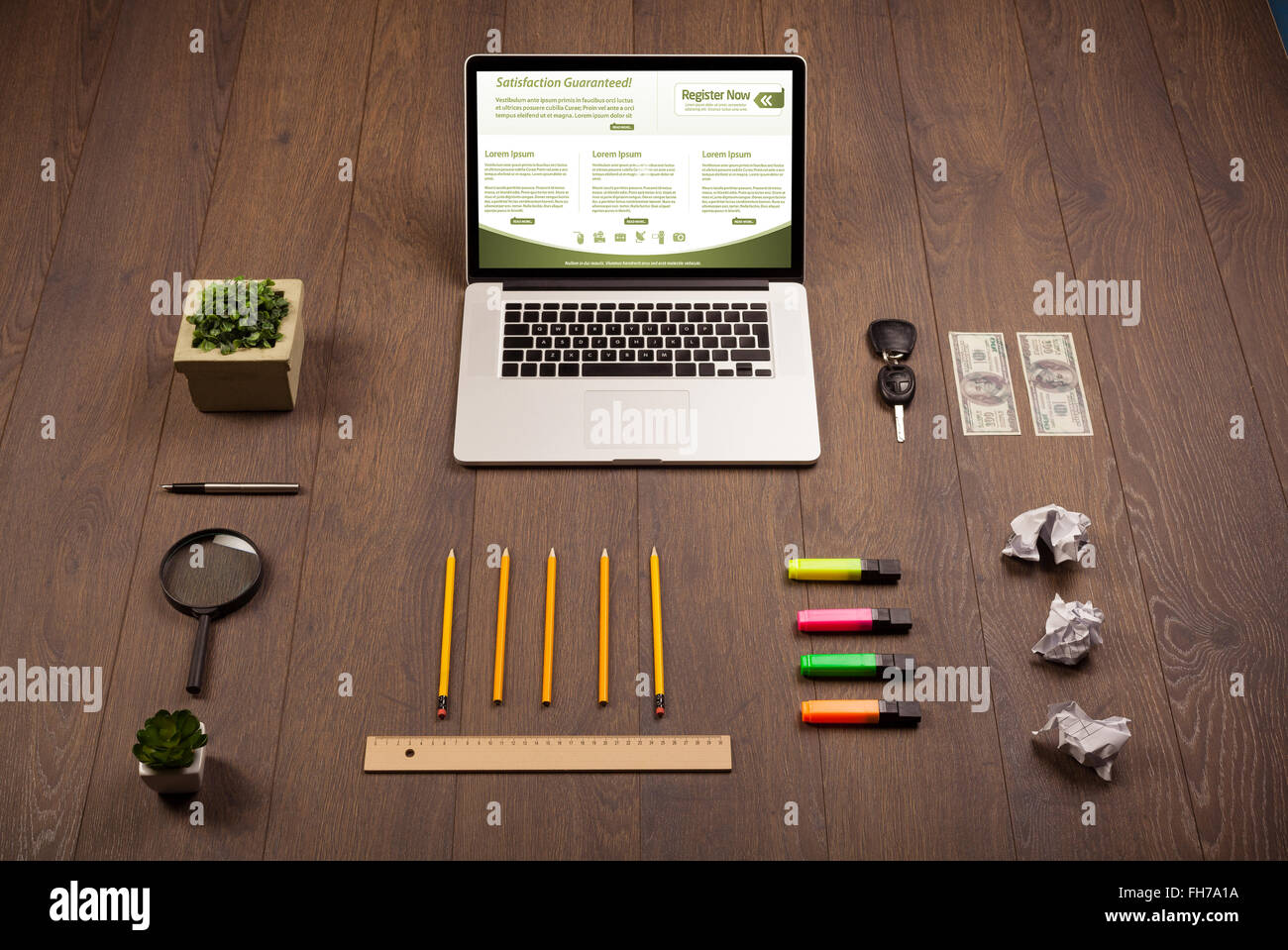 Business table with notebook computer and office accessories Stock ...