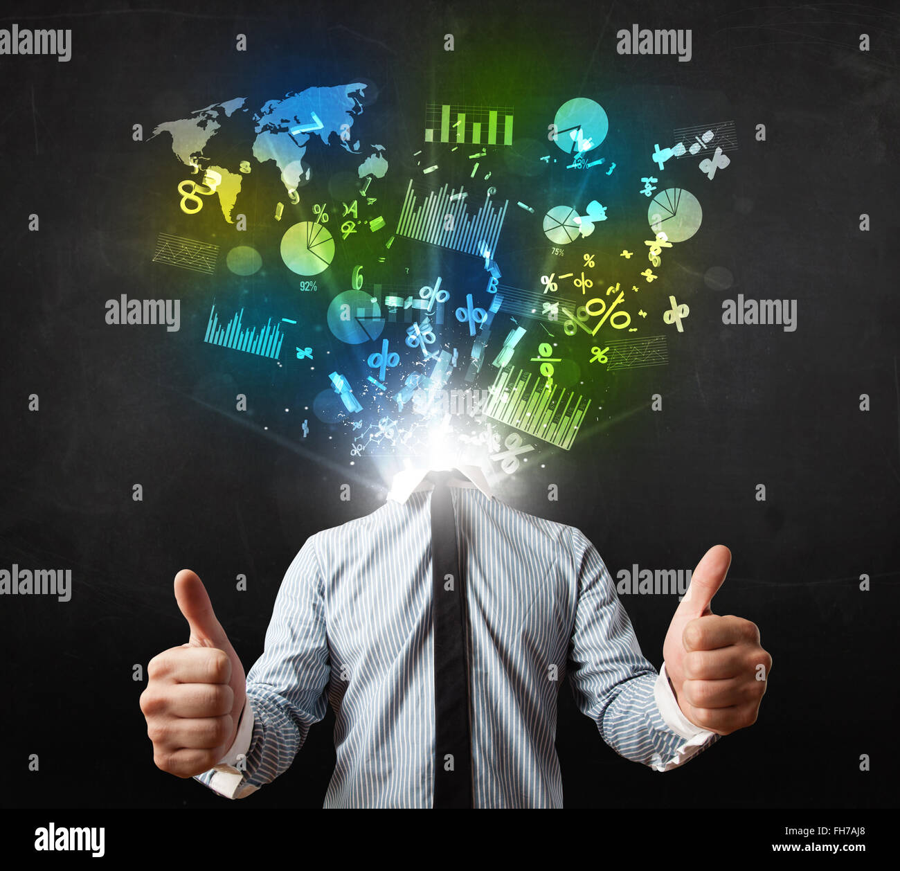 Business man in suit with graph and charts exploding from his body ...