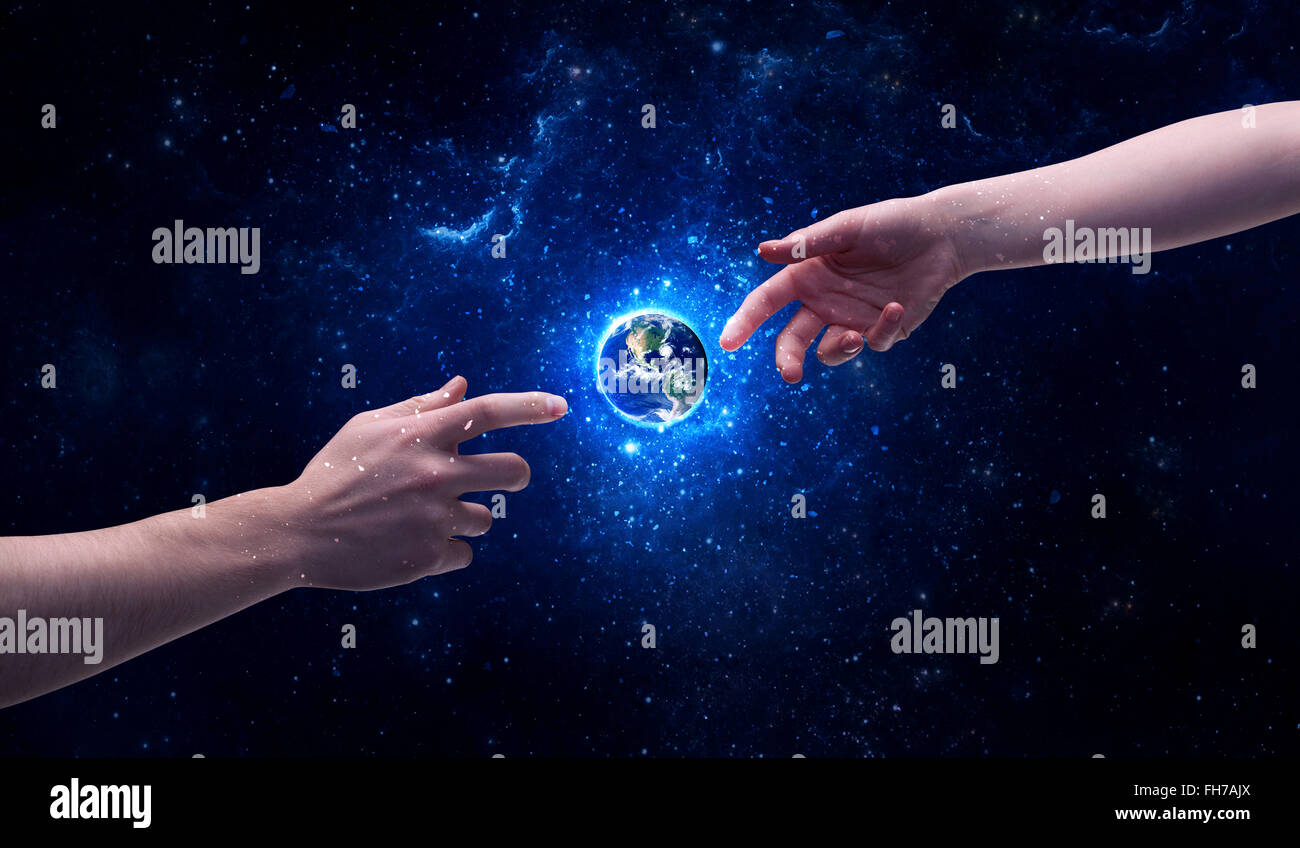 Hands in space touching planet earth Stock Photo - Alamy