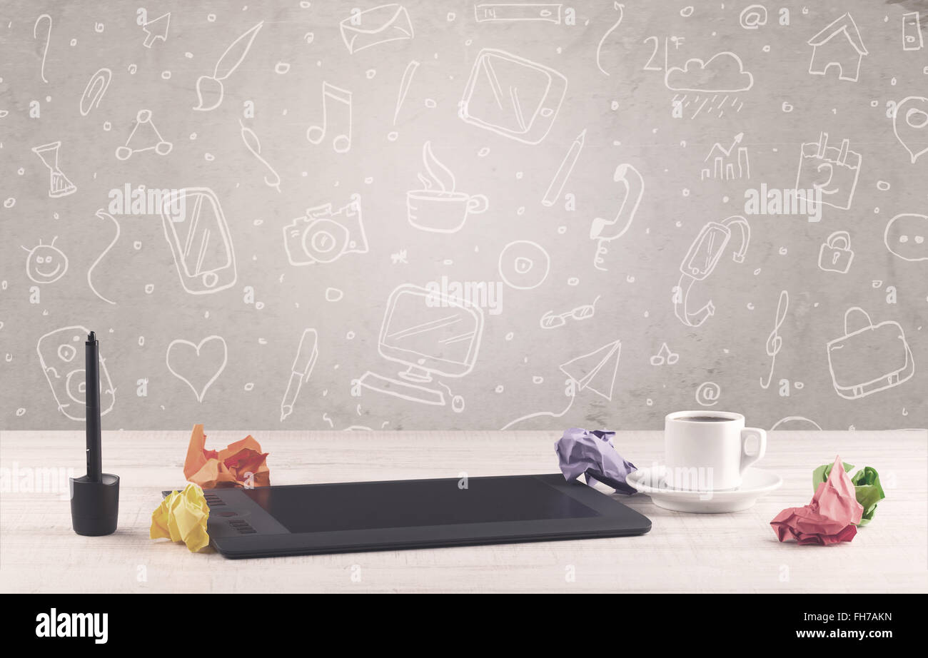 Design office desk with drawings background Stock Photo - Alamy