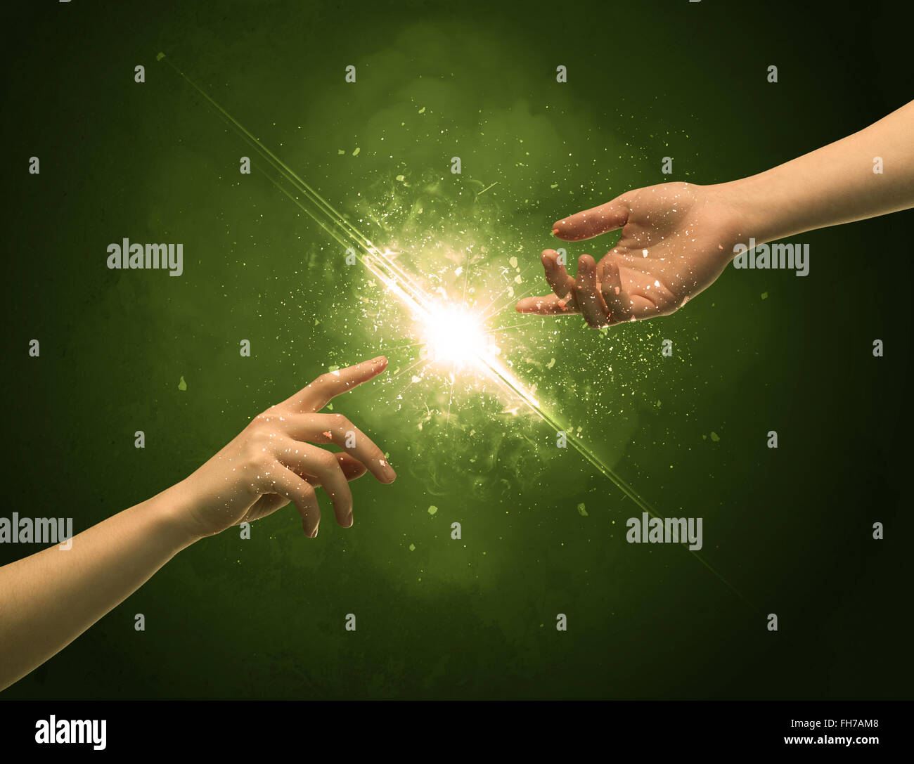 Touching arms lighting spark at fingertip Stock Photo - Alamy