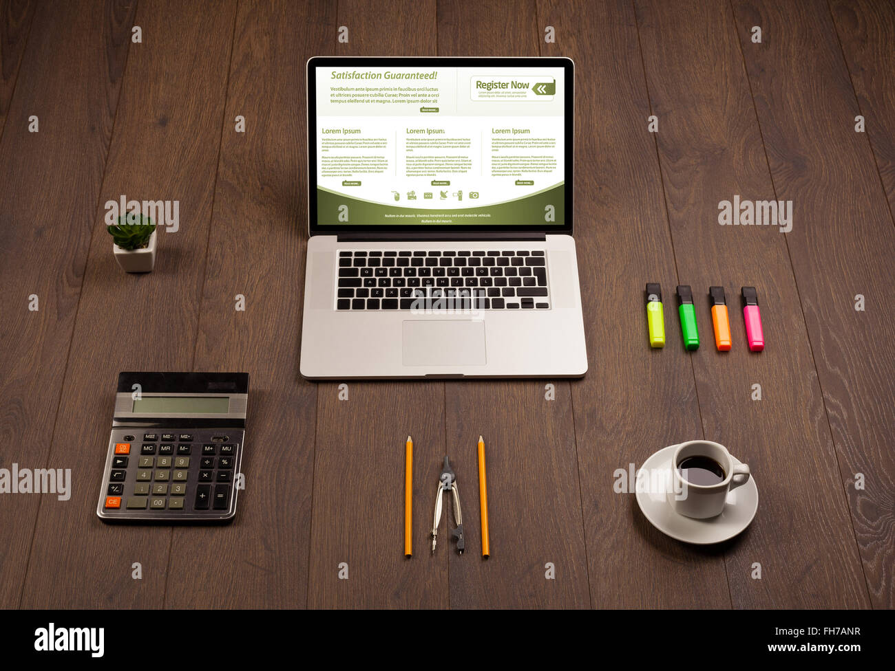 Business table with notebook computer and office accessories Stock ...