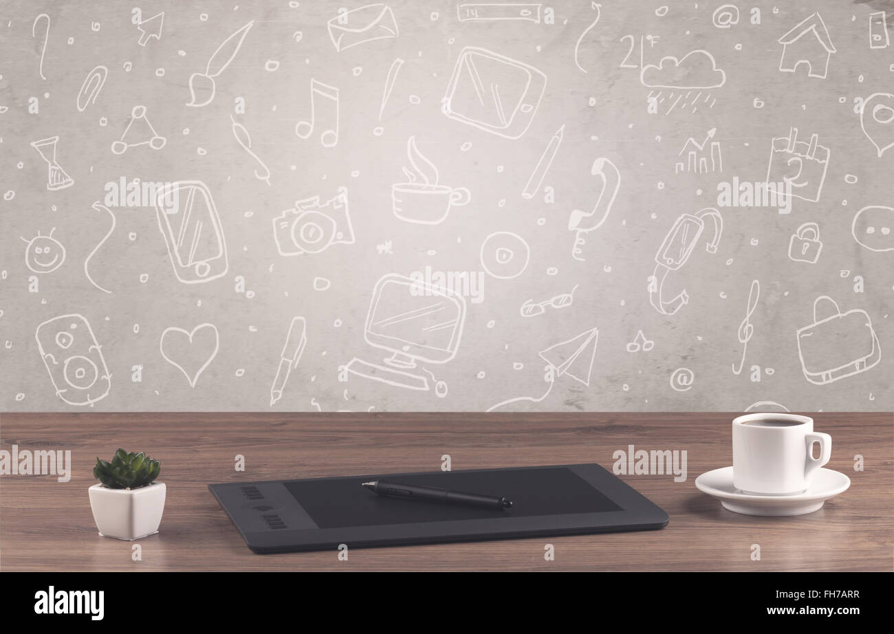 Design office desk with drawings background Stock Photo - Alamy