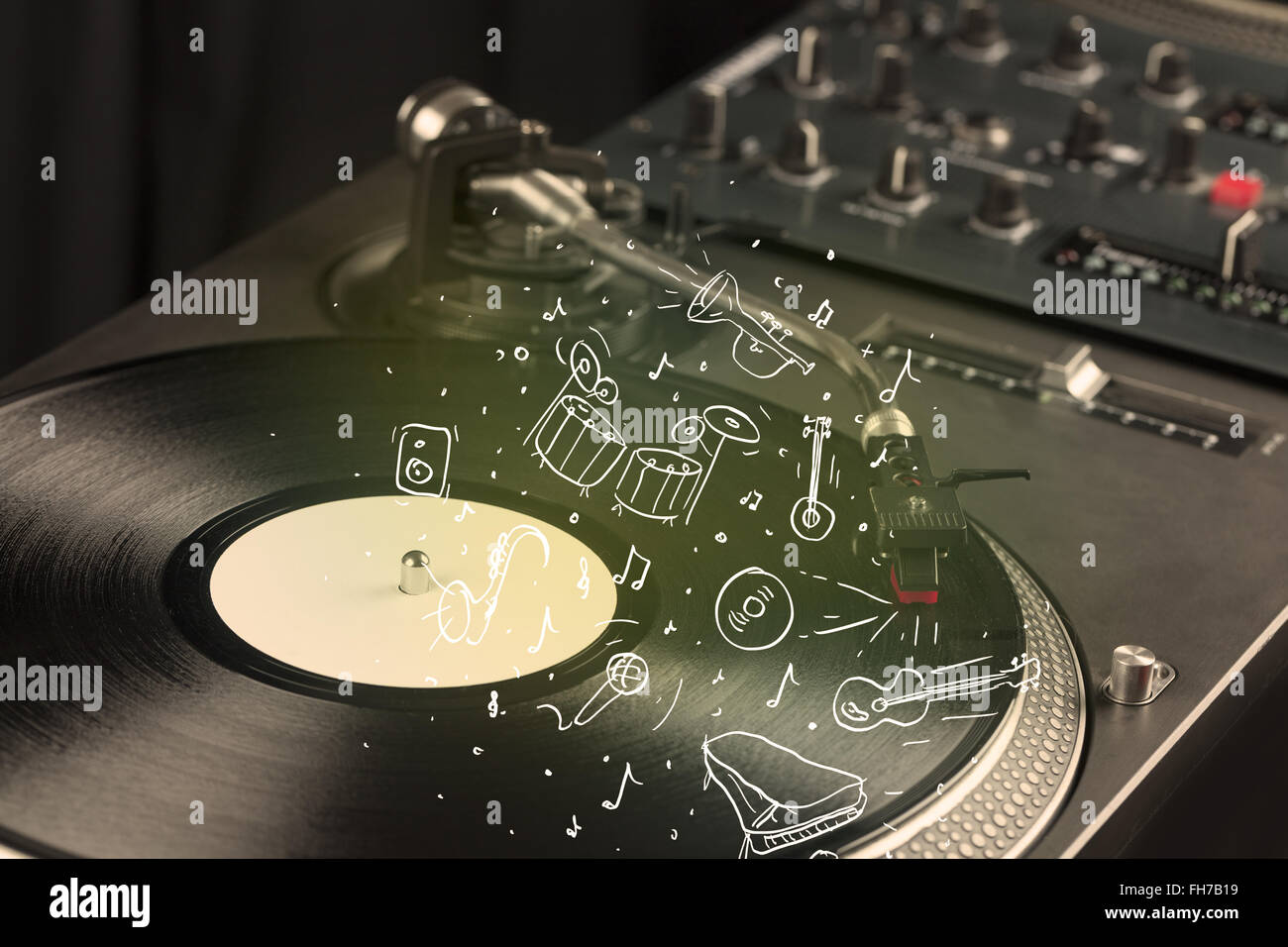 Turntable playing classical music with icon drawn instruments Stock ...