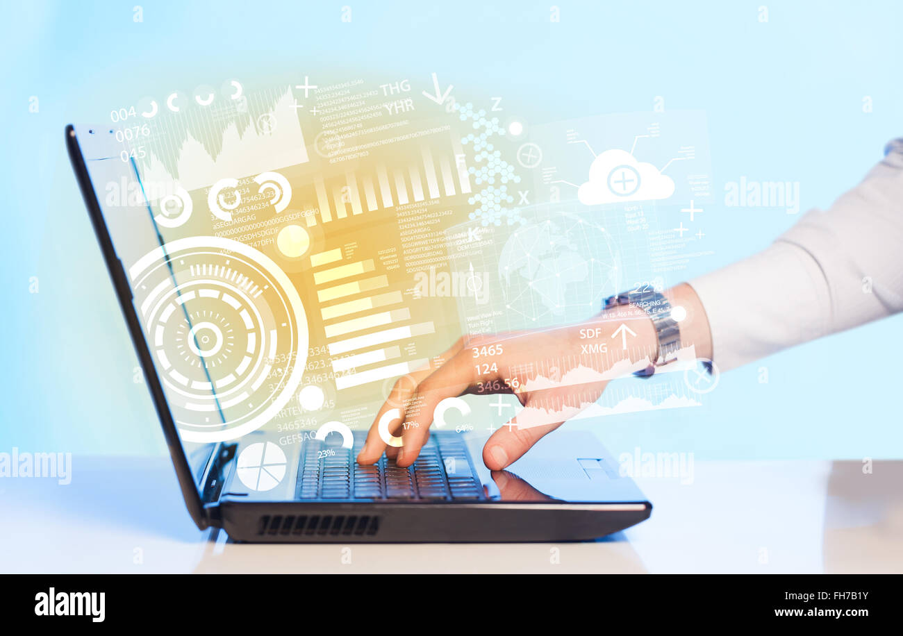 Modern notebook computer with future technology symbols Stock Photo - Alamy