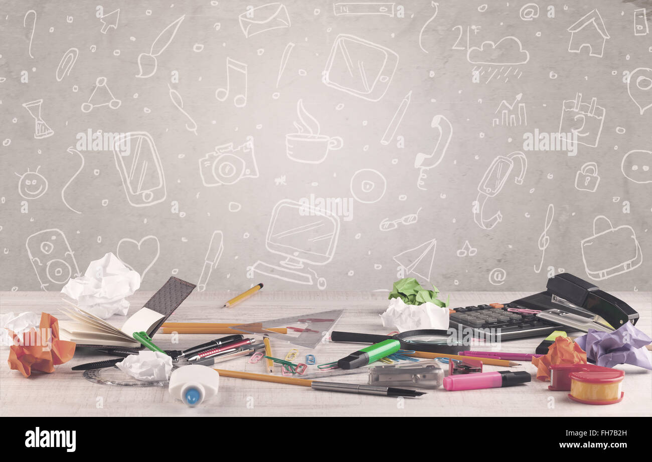 Design office desk with drawings background Stock Photo - Alamy