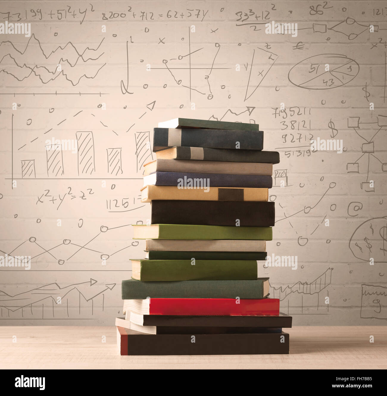 A pile of books with math formulas written in doodle style Stock Photo ...