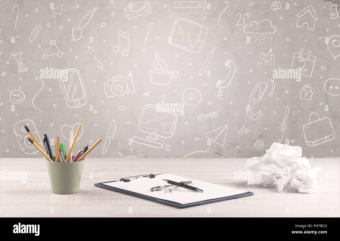 Design office desk with drawings background Stock Photo - Alamy