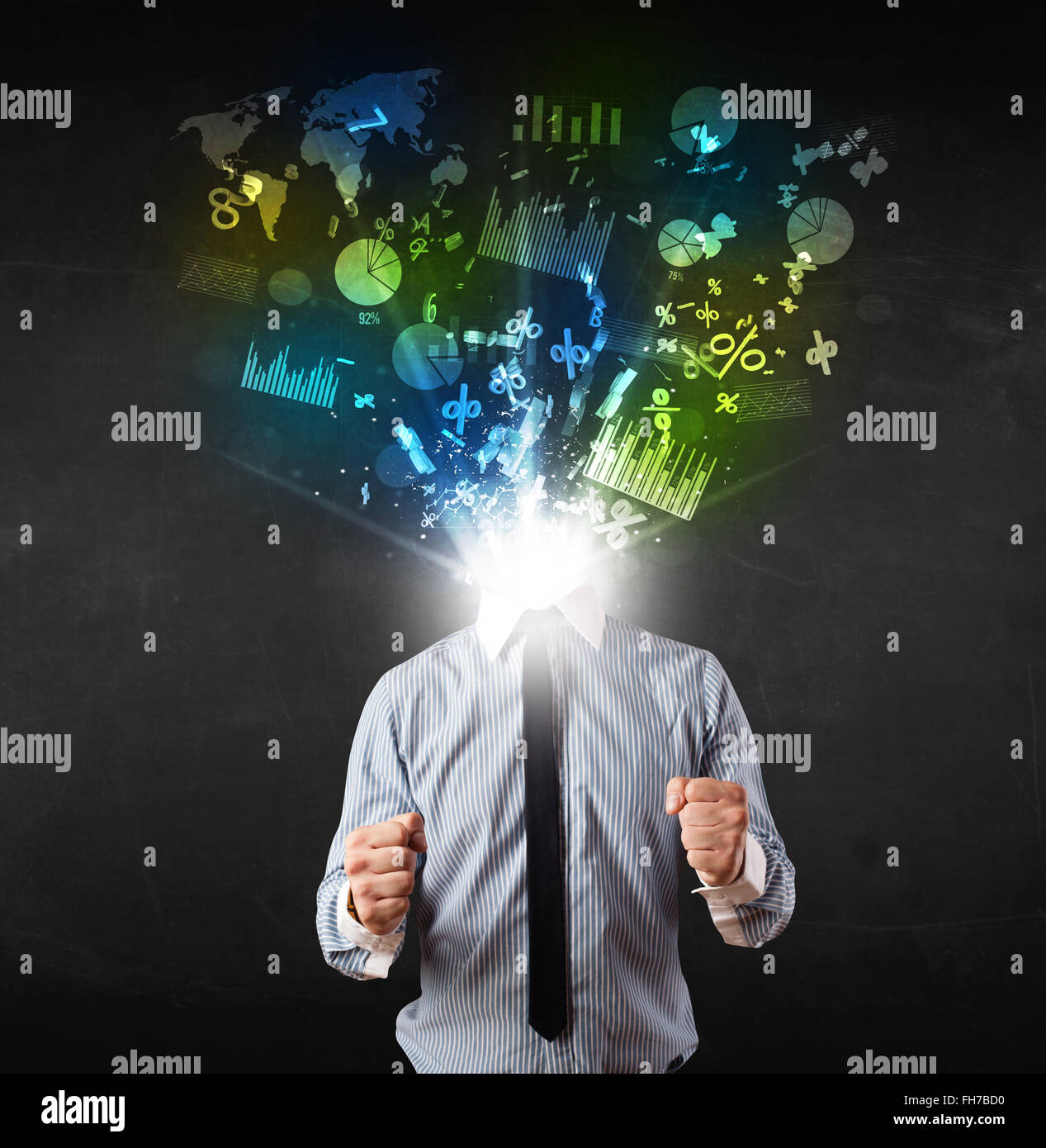 Business man in suit with graph and charts exploding from his body ...