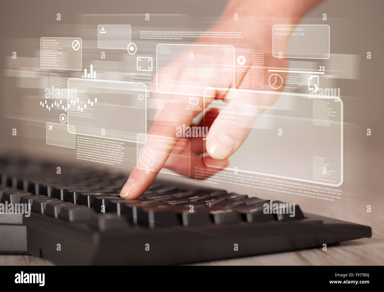 Hand touching keyboard with high tech buttons Stock Photo - Alamy